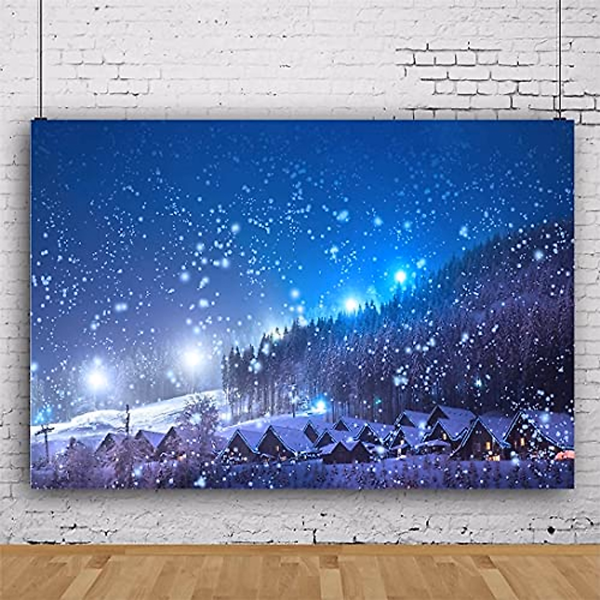 Leowefowa 5X3FT Christmas Backdrop Rustic Village Night View Forest Trees Snowing Shining Lights Blue Sky Winter Xmas Vinyl Photography Background Kids Children Newborn Photo Studio Props