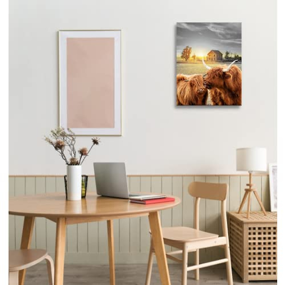 Creoate Highland Cow Wall Art, Farmhouse Cow Picture Canvas Print Artwork for Home Wall Decor, Highland Cattle with Long Horns Picture Gift