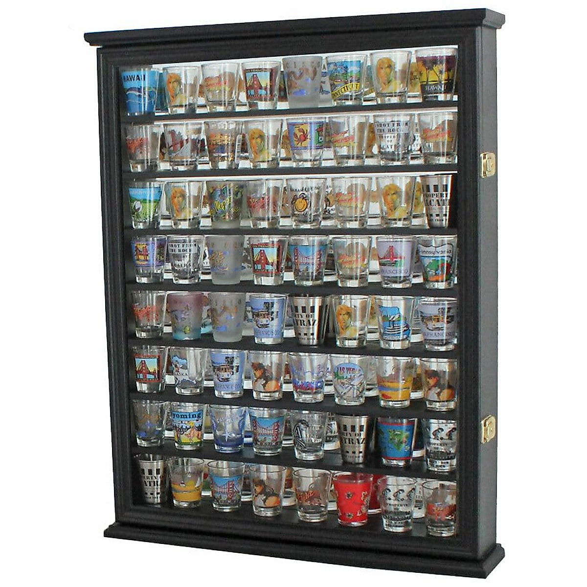 64 Shot Glass Display Case Holder Shot Glass Cabinet, Small Curio Display, Hinged Acrylic Door, Black