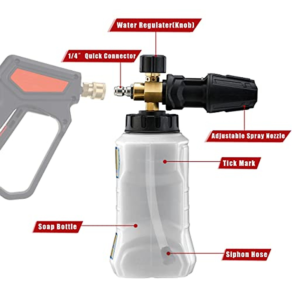 RIDGE WASHER Foam Cannon for Pressure Washer, 1/4'' Quick Connector, Adjustable Snow Foam Lance Foam Blaster for Car Wash with 5 Nozzle Tips, 1L