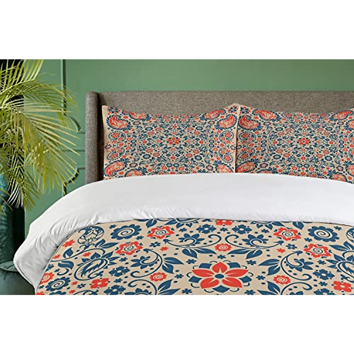 Ambesonne Paisley Duvet Cover Set, Floral Ornate Pattern Cultural Folk Persian Middle Eastern, Decorative 3 Piece Bedding Set with 2 Pillow Shams, Queen Size, Night Blue Orange Tan