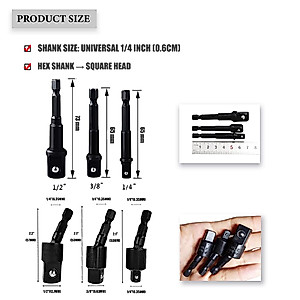 Drill Bit Extension Set-6 PCS Impact Socket Adapter Set 1/4” 3/8” 1/2” Hex Shank 3 Swivel /3 Straight Impact Driver Bit Set Socket Holder Drill Attachment Accessories for Hard-to-Reach Spaces-BLS6