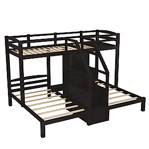 Harper & Bright Designs Triple Bunk Bed with Stairs, Twin Bunk Beds for 3, Wooden Bunk Bed with Built-in Staircase and Little Drawer for Kids Teens Adults, Espresso