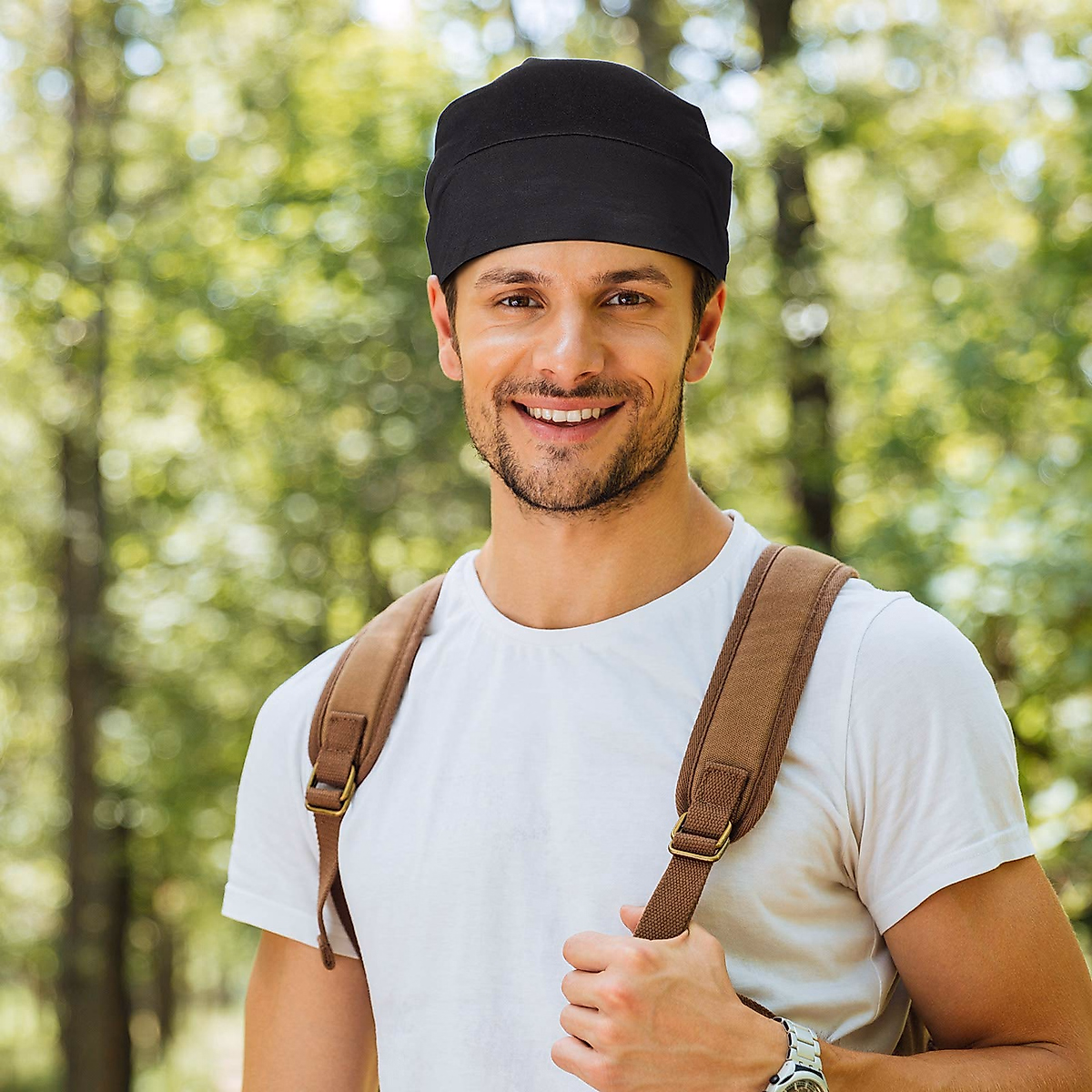 2 Pieces Silk Satin Bonnet for Mens with Natural Curly Wave Hair (Black, Dark Grey)