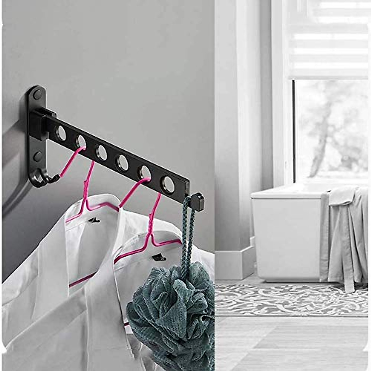 TYXTYX Black Folding Clothes Hanger Wall Mounted, Indoor Outdoor Aluminum Space Savers Clothes Rack, Laundry Hanger Dryer Rack, for Bathroom, Balcony,2pcs+40cm Pole