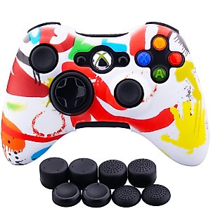 9CDeer 1 Piece of Silicone Water Transfer Protective Sleeve Case Cover Skin + 8 Thumb Grips Analog Caps for Xbox 360 Controller, Leaves Red
