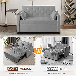 Antetek 3 in 1 Convertible Sofa Bed w/360° Rotating Side Table, 53" Modern Velvet Loveseat Sofa, Sleeper Pullout Bed w/Adjustable Backrest for Living Room Apartment, Office, Small Space, Grey