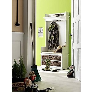NovaSolo Halifax Pure White Mahogany Wood Entryway Coat Rack With 5 Hooks, Cushion, Top Storage And 2 Rattan Baskets