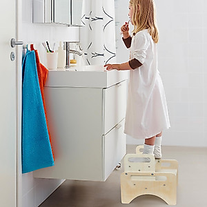 QZMTOY Wooden Toddler Step Stool for Kids, Multifunctional Two Step Stools with Safety Non-Slip Mats for Safety and Handles, Two One Step Stool for Adults Bathroom, Kitchen and Toilet Potty Training