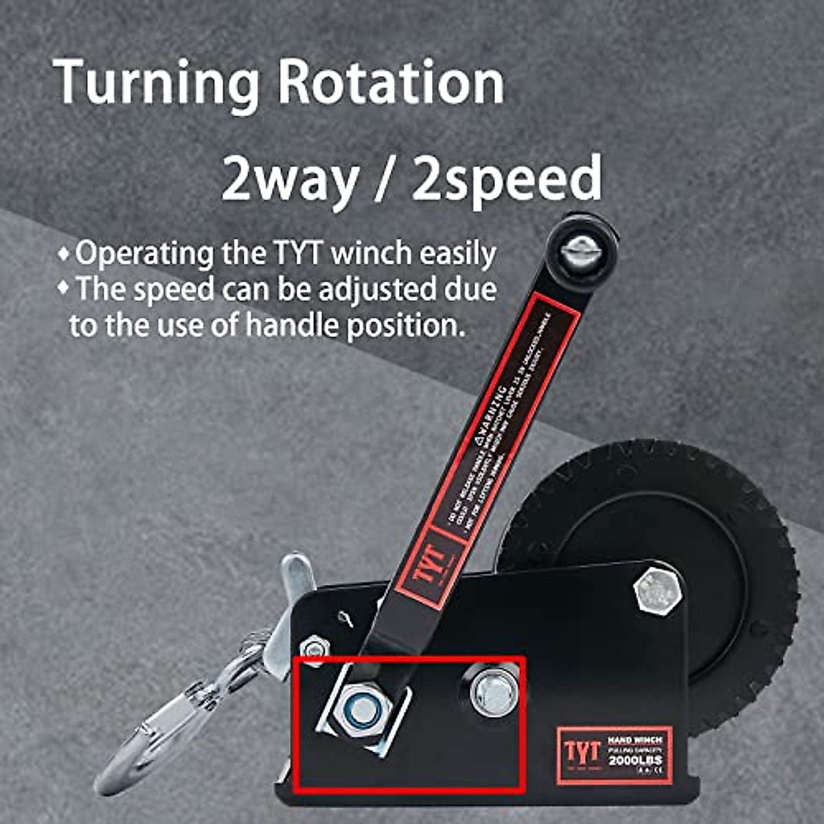 TYT 2000LB Boat Trailer Cable Winch with Heavy Duty Hook, 26ft Steel Cable Hand Crank Winch, Two Way Ratchet Ratio 4:1/8:1 Manual Gear Winch for Towing Lifting Boat Trailer Truck RV ATV Jet Ski Winch