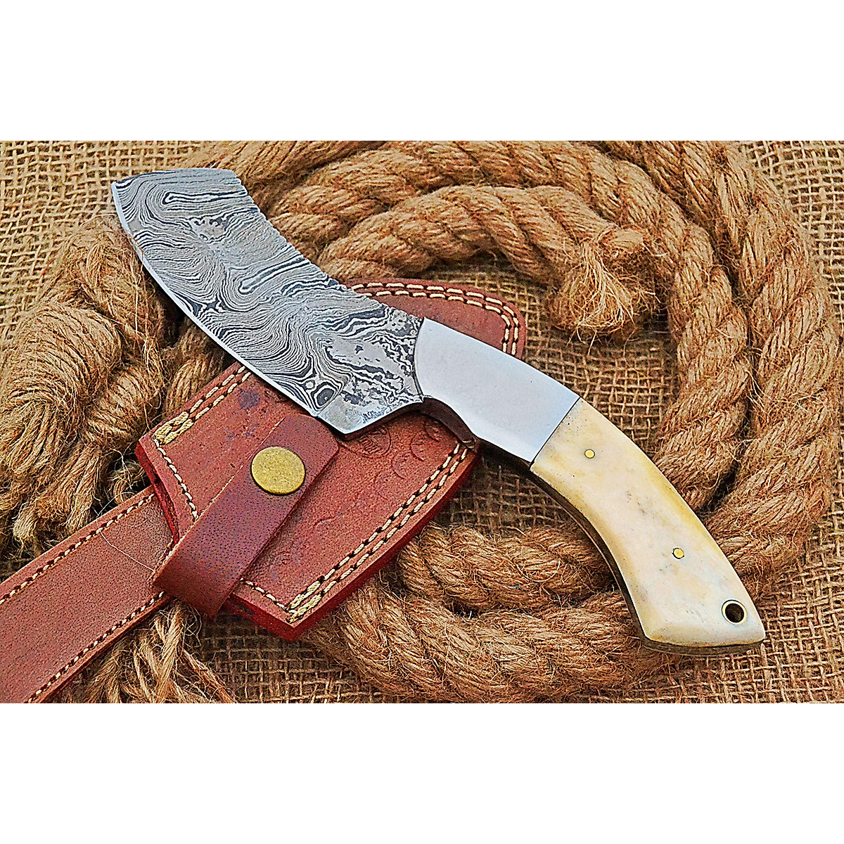 HUNTEX Handmade Hand-Forged Twist Pattern Damascus Steel 9 Inch Long Full Tang Natural Camel Bone Handle Razor Sharp Hunting Camping Cleaver Knife w/Genuine Leather Sheath