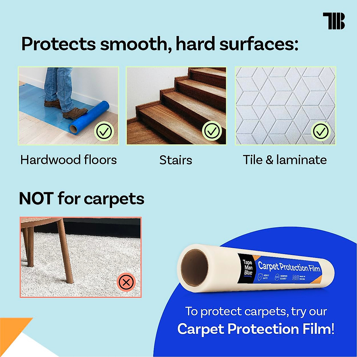 Floor Protection Film, 48" x 200', Made in USA, Blue Self Adhesive Floor Protector Tape for Moving, Painting and Construction, Temporary Floor Covering to Shield Hardwood Floors, Tile, Hard Surfaces