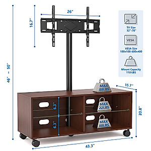 Rfiver Swivel Wood TV Stand on Wheels with Mount for 32-70 Inch Flat Screen TVs, Rolling Entertainment Center with 4-Shelf Storage for Media Console, Universal Floor TV Stand Cabinet for Home, Walnut