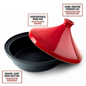 Cast Iron Tagine Pot for Cooking 3.65 Quart Tajine Pot with Enameled Cast Iron Base And Ceramic Lid Includes Anti-Scald Gloves,Purple