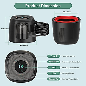 Electric Mason Jar Vacuum Sealer Kit for Wide and Regular Mouth, HUIJUTCHEN Cordless Mason Jar Sealer Vacuum Kit with LED Display for Power, Work Time, Mason Jar Sealer Vacuum (Auto Pause)