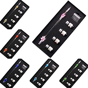 BUZHI Handmade Floral Glass Dip Pen Set,Signature Pen Glass Calligraphy Pen and 4 Colors Ink,1 Pen Holder,1 Washing Bottle,for School Stationery Gifts