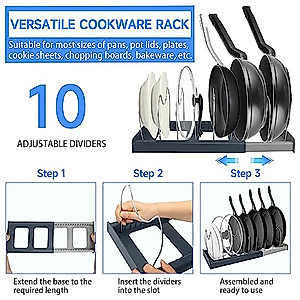 Expandable Pots and Pans Organizer for Cabinet, Pot Lit Organizer Holder with 10 Wire Dividers Adjustable Pan Rack Organizer for Kitchen Storage of Cookware, Plate, Cutting Board, Baking Sheet
