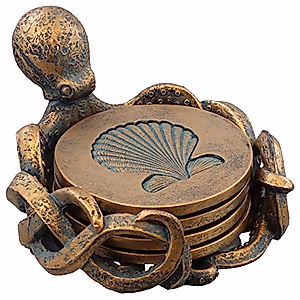 Octopus Coaster Set - Nautical Ocean Beach Sea Shell Coastal Decor - Bronze / Verdigris Finish