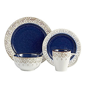 American Atelier Round Dinnerware Sets | Blue Kitchen Plates, Bowls, and Mugs | 16 Piece High Quality Stoneware Granada Collection | Dishwasher & Microwave Safe | Service for 4