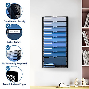 DALTACK Wall File Holder 10 Tier Hanging Wall File Organizer, for Papers Mails Folders Clipboard Magazine Organization, for Office Home, Mesh Metal, Black