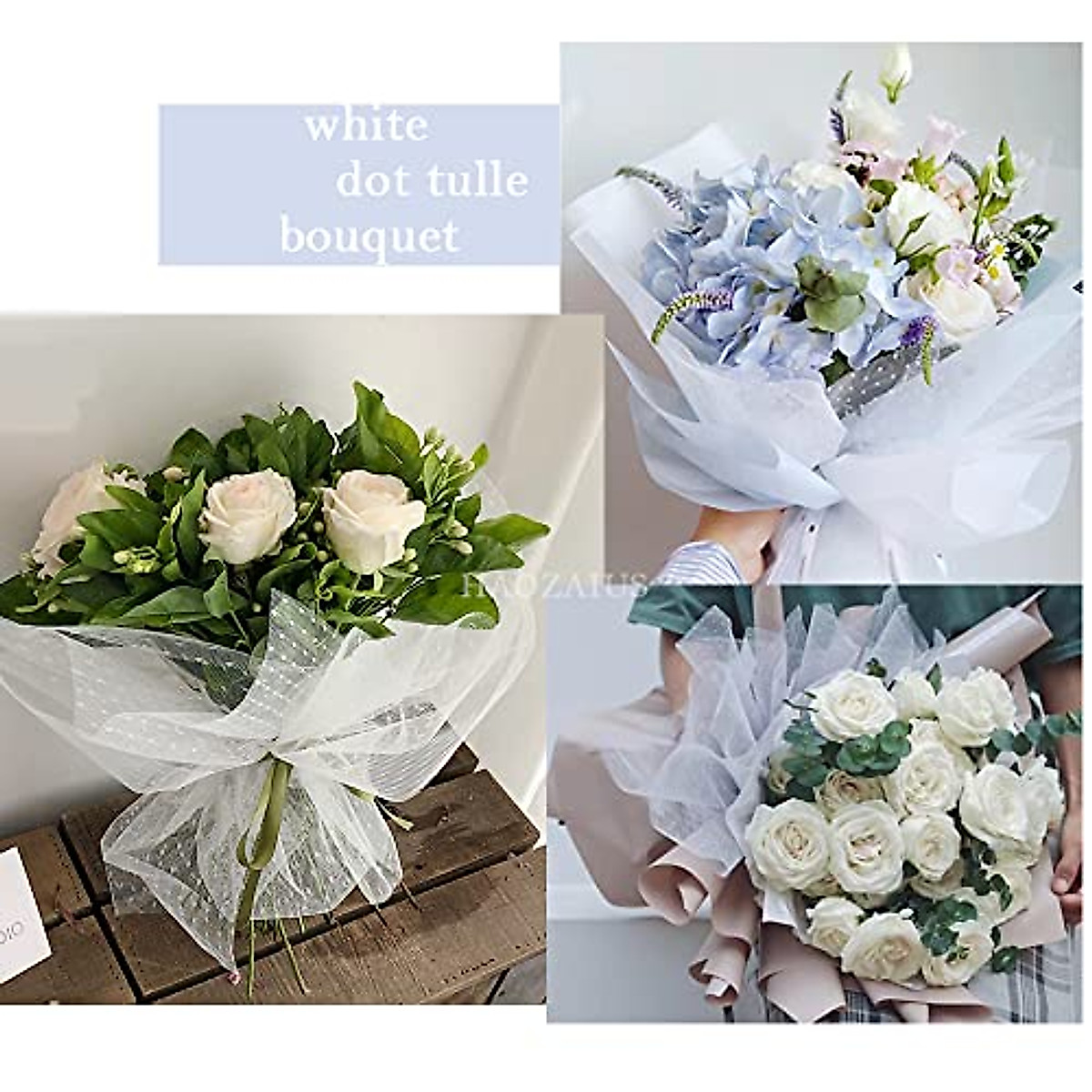 HAOZAIKEJI Wedding Flower Wrapping Paper, Tulle Floral Bouquet Wrappers Dot Mesh Wrap Material Translucent Gift Package Paper Florist Packaging Supplies for Birthday Holiday Graduation Bouquet