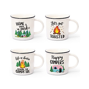 Nefelibata Camping Coffee Mug Set of 4 Happy Campers Campfire Tea Cups for Coffee, Tea, Milk Travel Ceramic Mug Camping Lover Holiday Gifts