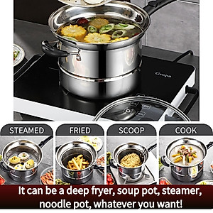 Stainless Steel Pot with Deep Fry Basket, Steamer Pot, Multipurpose Pasta Pot with Steamer Rack, Strainer Glass Lid, 3.5Quart Sauce Pan with Stay-cool Handle for Cooking Gravies, Vegetable Steamer