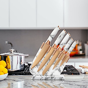 Knife Set Non Stick, Champagne Gold Knives Set with Acrylic Storage Block, 6 Pieces Sharp Knife Set, Stainless Steel Beautiful White Marbling Handle Rainbow Blade Kitchen Knife (Champagne Gold Blade)