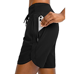 Dyorigin Women's 7" Athletic Running Shorts with 3 Zipper Pockets Long High Waisted Shorts Women for Workout Gym Hiking(Black Large)