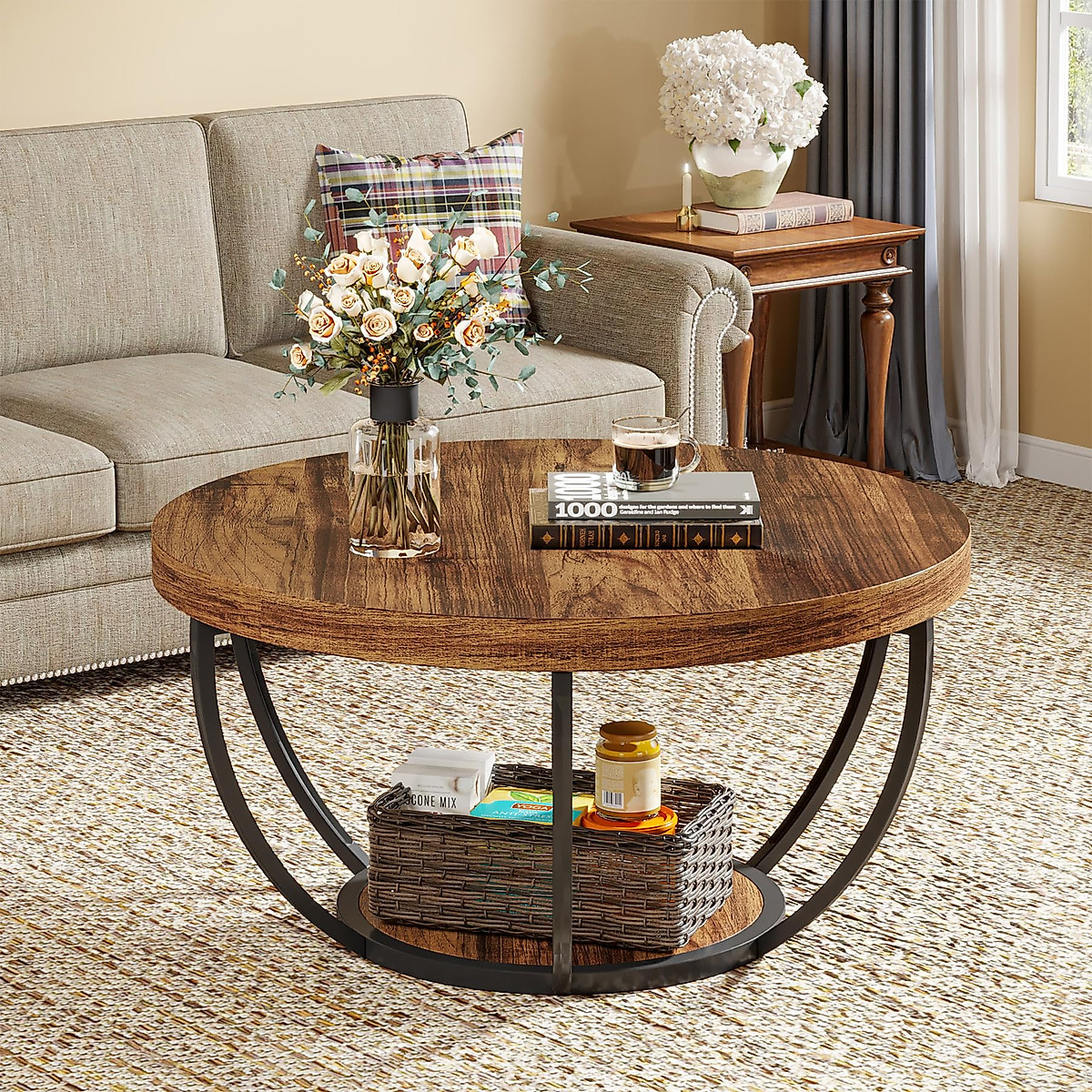 Tribesigns Round Coffee Table, 31.7" Wooden 2-Tier Circle Coffee Table with Storage Shelves, Modern Accent Cocktail Table Center Table for Living Room, Rustic Brown