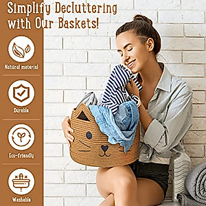2 Pieces Large Cat Toy Basket Woven Cotton Rope Storage Basket Large Cute Cat Laundry Basket Organizer Animal Design Toy Storage Organizer Baby Hamper Cat Nursery Bins Boxes, White, Brown
