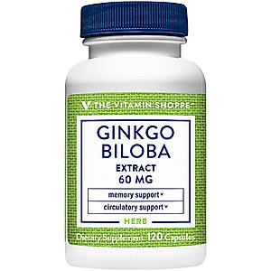 The Vitamin Shoppe Ginkgo Biloba Extract 60MG & 24% Ginkgo Flavonolglycosides, Supports Memory & Circulation, Healthy Aging Herbal Supplement (120 Capsules)