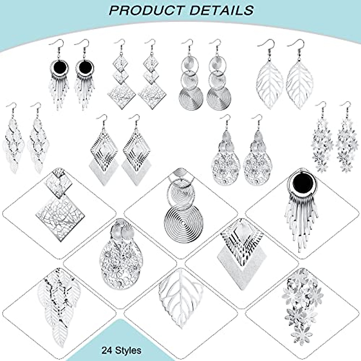 24 Pairs Crystal Teardrop Dangle Earrings Cubic Zirconia Hoop Earrings Boho Threader Earrings Set for Women Girls Christmas (Simple Style)