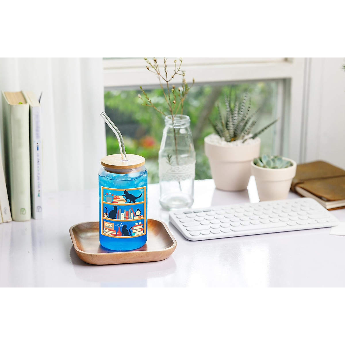 NewEleven Gifts For Book Lovers - Teacher Gifts, Book Lovers Gifts For Women, Her, Friends - Bookshelf Cup, Bookish Gifts For Writers, Readers, Librarian, Bookworm – 16 Oz Coffee Glass