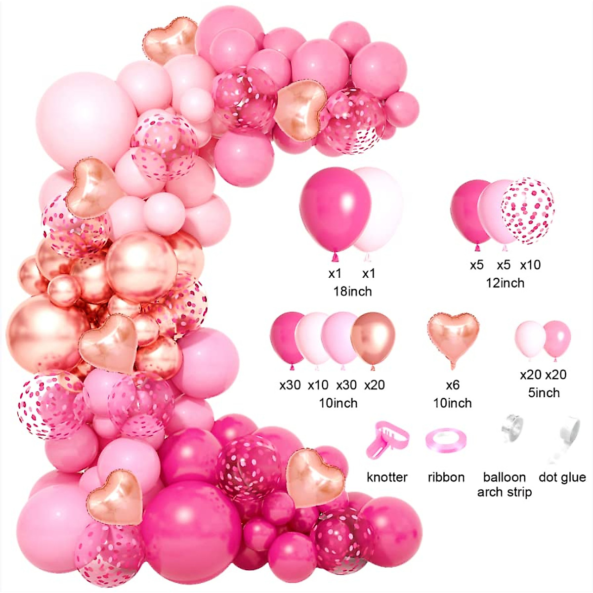 Amandir 162Pcs Pink Balloon Garland Arch Kit Hot Pink Rose Gold Confetti Metallic Heart Balloons for Minie Barbi Princess Party Decorations Girl Birthday Bridal Shower Wedding Supplies