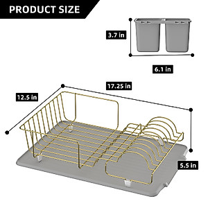 Buruis Dish Drying Rack, Gold Dish Drainer with Anti-Slip Rubber Feet Organizer includes Removable Drain Board and Utensil Holder, Large Capacity Stainless Steel Dish Racks for Kitchen (Gray)