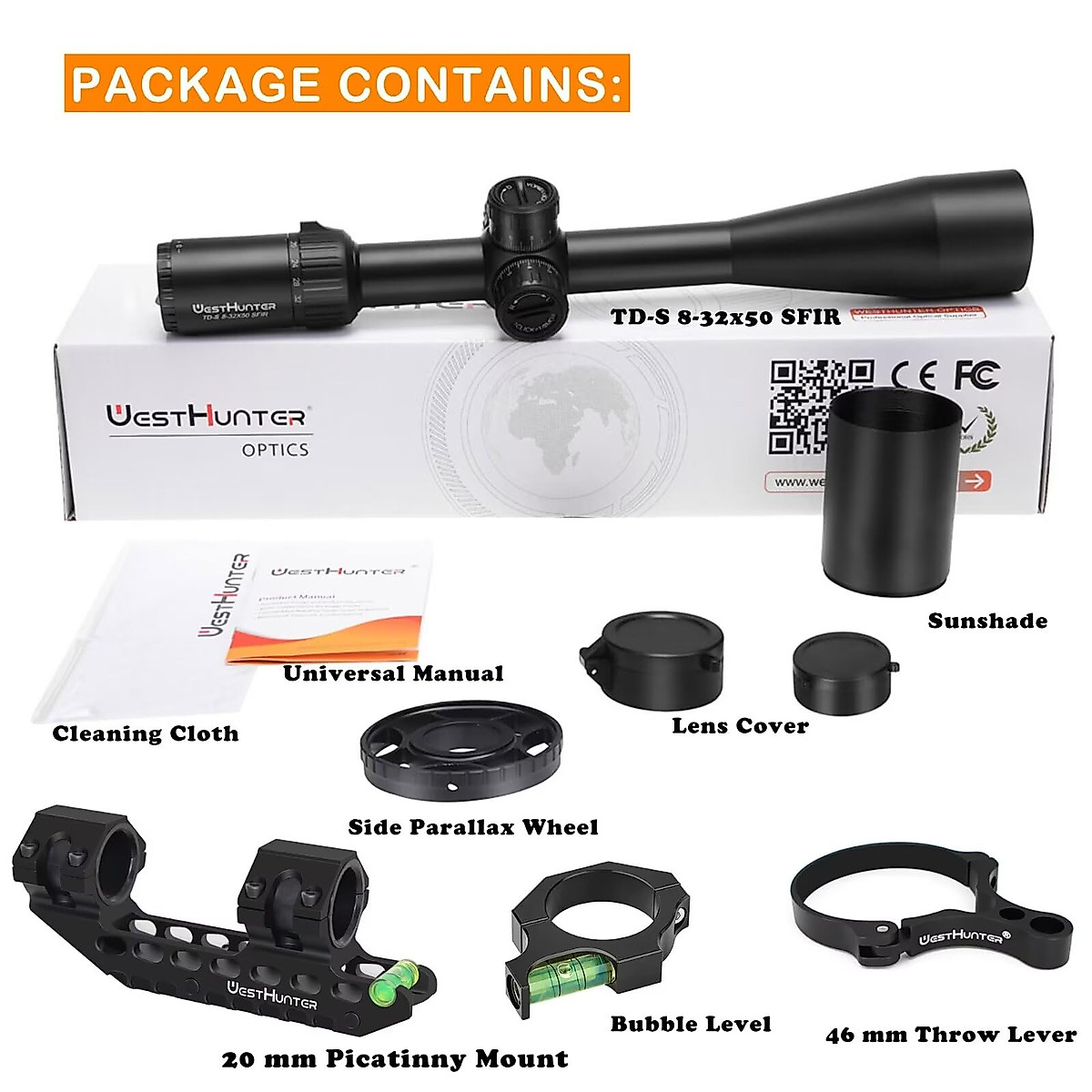 WestHunter Optics TD-S 8-32x50 SFIR Long Range 1/8 MOA Precision Riflescope | Picatinny Shooting Kit A