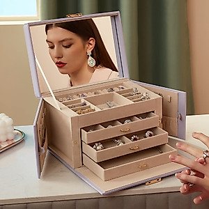 Vlando Velvet Jewelry Organizer Box for Women, Large Leather Jewelry Storage Box with Locked, Mirrored, 3 Drawer for Watch Necklace Ring Earring Storage, Gift for Girl Women and Mom - Purple