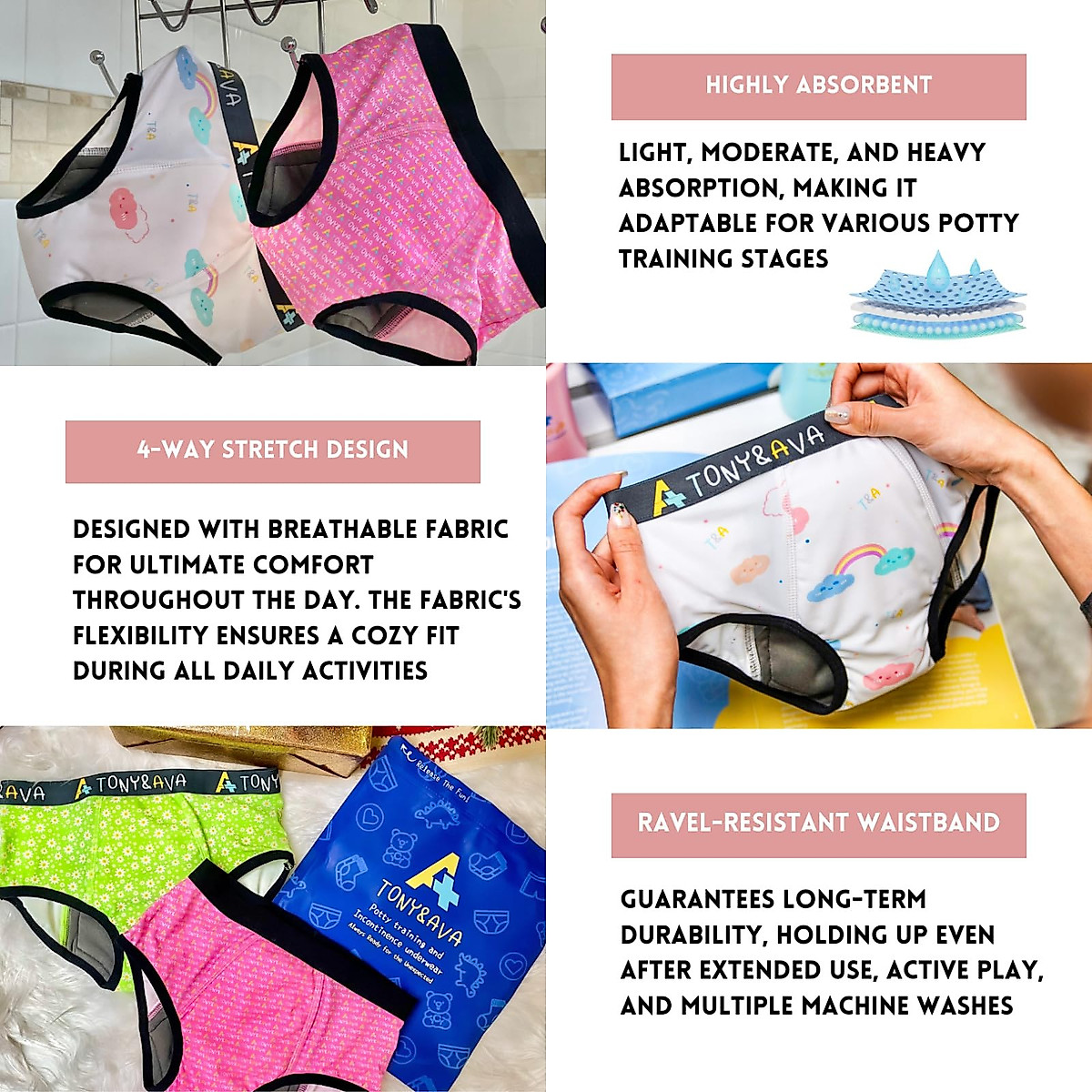 Tony and Ava Potty Training Underwear for Girls, Moisture-Wicking, Soft Cotton Toddler Training Underwear - Breathable, Reusable Training Pants - Small - White