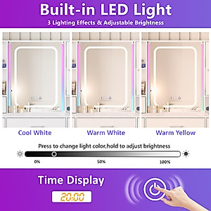 White Vanity Desk with Mirror and Lights,Makeup Vanity with RGB Lights and Power Strip,Makeup Desk Vanity Table with 5 Drawers Lots Storage & Time Display,3 Lighting Modes LED Lighted Mirror,41.3in(L)
