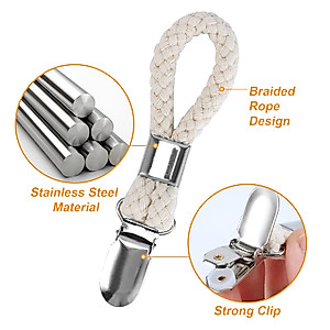 5 Pack Hanging Tea Towels Clip,Metal Kitchen Towels Clips with Hanging Loop Cloth Hook Clip Hangers for Home Kitchen Bathroom Cupboards Cloth Hanger Holder Brackets-Braided Cotton Loop