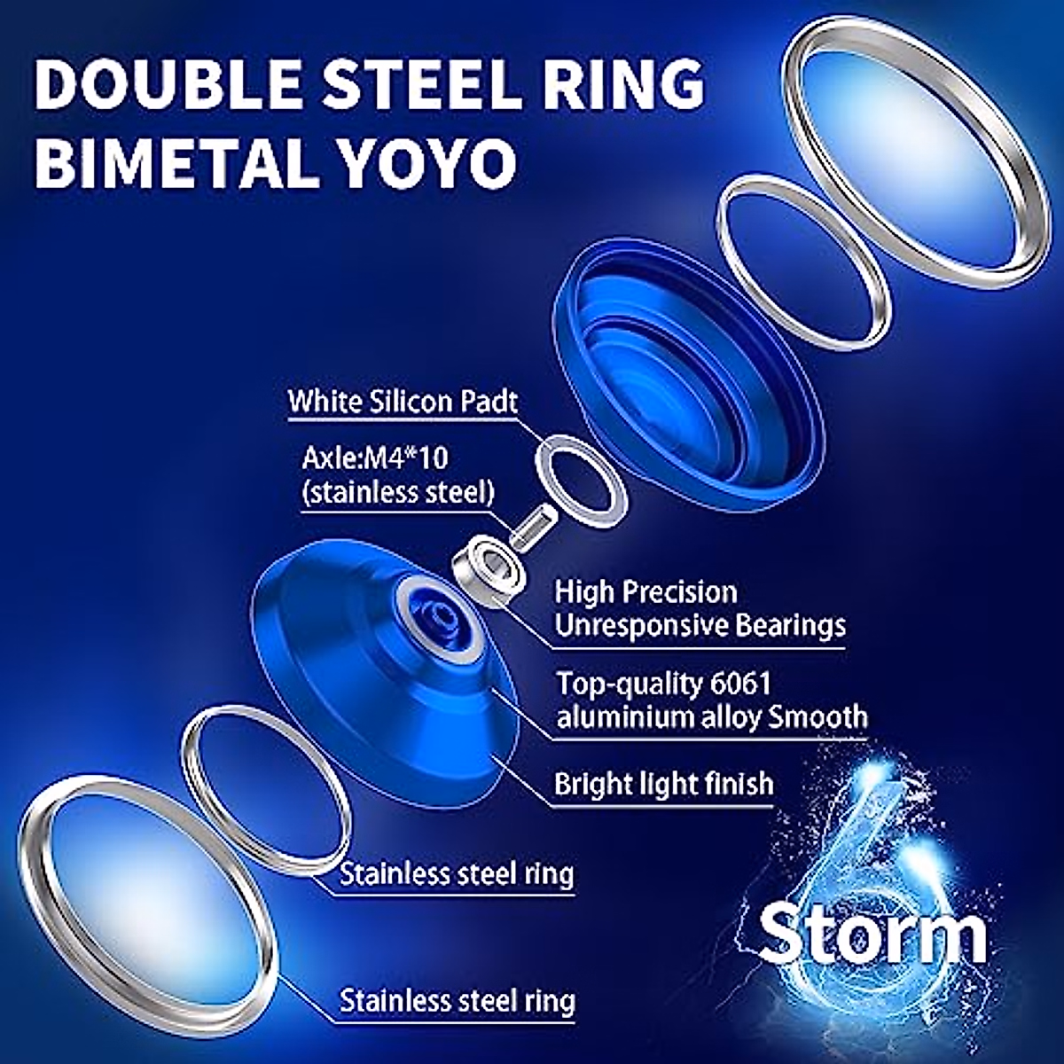 WATIEOBOO Bi-Metal Yoyo with 4 Stainless Steel Rings, Professional Unresponsive Yoyo for Adults Advanced Players, Incredible Drive Performance and Idling Capability (6Black Blue)