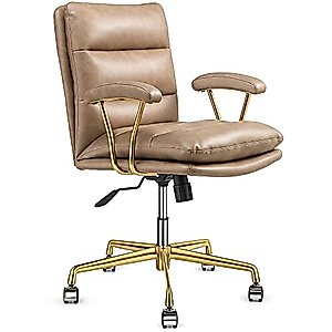 LEAGOO Mid Back Home Office Desk Task Chair with Wheels and Arms Ergonomic PU Leather Computer Rolling Swivel Chair with Padded Armrest (Khaki)