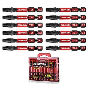 Geinxurn 10 Pieces 2 In. T25 Impact Tough Magnetic Screwdriver Bit Set, #25 Torx Head Power Bits, S2 Alloy Steel Star Bits with Storage M-Box