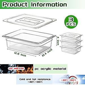 Cezoyx 3 Pack 1/2 Size Food Pans with Lids, 4 Inch Clear Food Pans, Acrylic Commercial Food Containers for Kitchen, Restaurant and Cafeterias