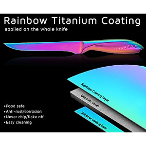 WELLSTAR Boning Knife 6 Inch, Razor Sharp German Steel Fillet Knife for Trimming Brisket/Rib/Steak/Meat, Deboning Chicken, Processing Fish/Game Meat, Rainbow Titanium Coating, Strong Durable Handle