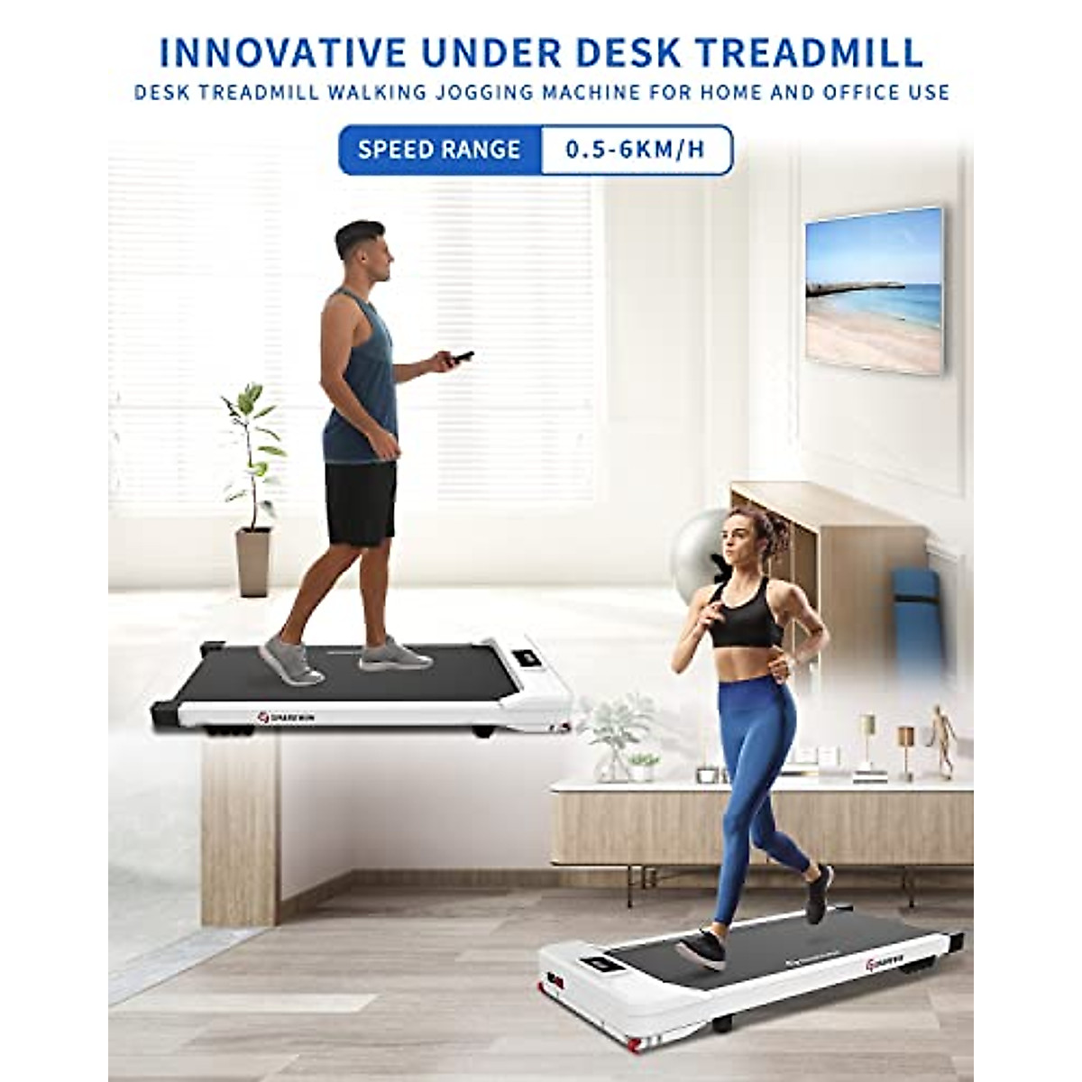 Desk Treadmill, Under Treadmill 2.5HP 300lb Electric Small Compact Mini Running Machine Walking Jogging for Home Office with Remote Control, White