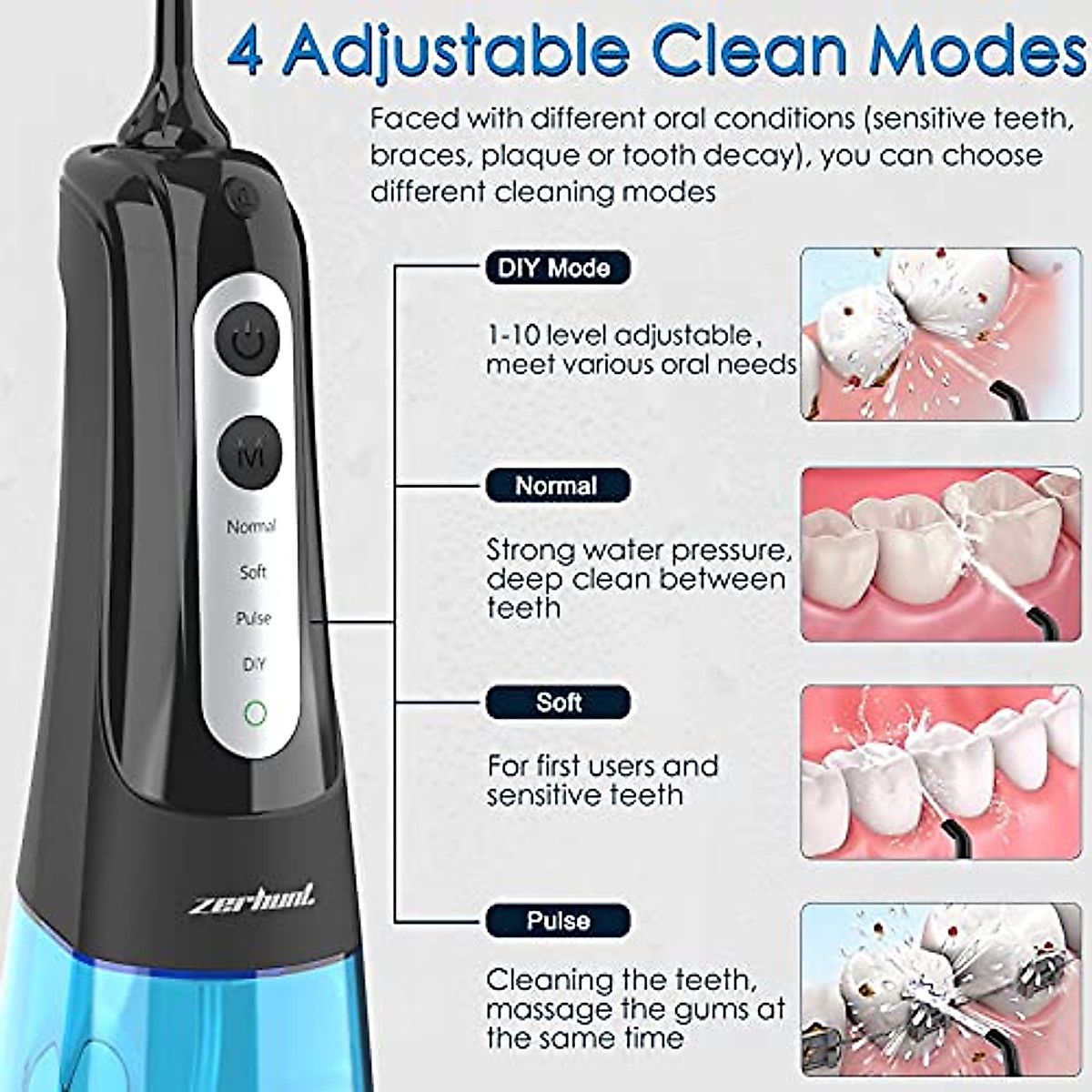 Water Flosser Cordless Teeth Cleaner, Dental Oral Irrigator with DIY Mode, Rechargeable Water Flosser for Braces, Bridges, Implants Care, IPX7 Waterproof with 4 Interchangeable Jet Tips