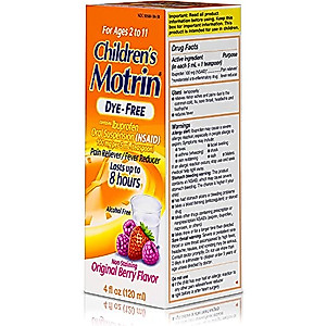 Motrin Children's Dye-Free Pain Reliever/Fever Reducer, Original Berry Flavor 4 oz (2 Pack)