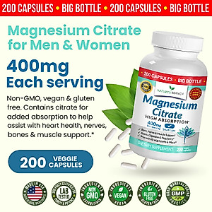 Magnesium Citrate 400mg - 200 Capsules - High Potency for Sleep, Leg Cramps, Extra Strength Absorption, Easy to Swallow Pills for Women & Men, Vegan Supplement Not Tablets - Made in USA